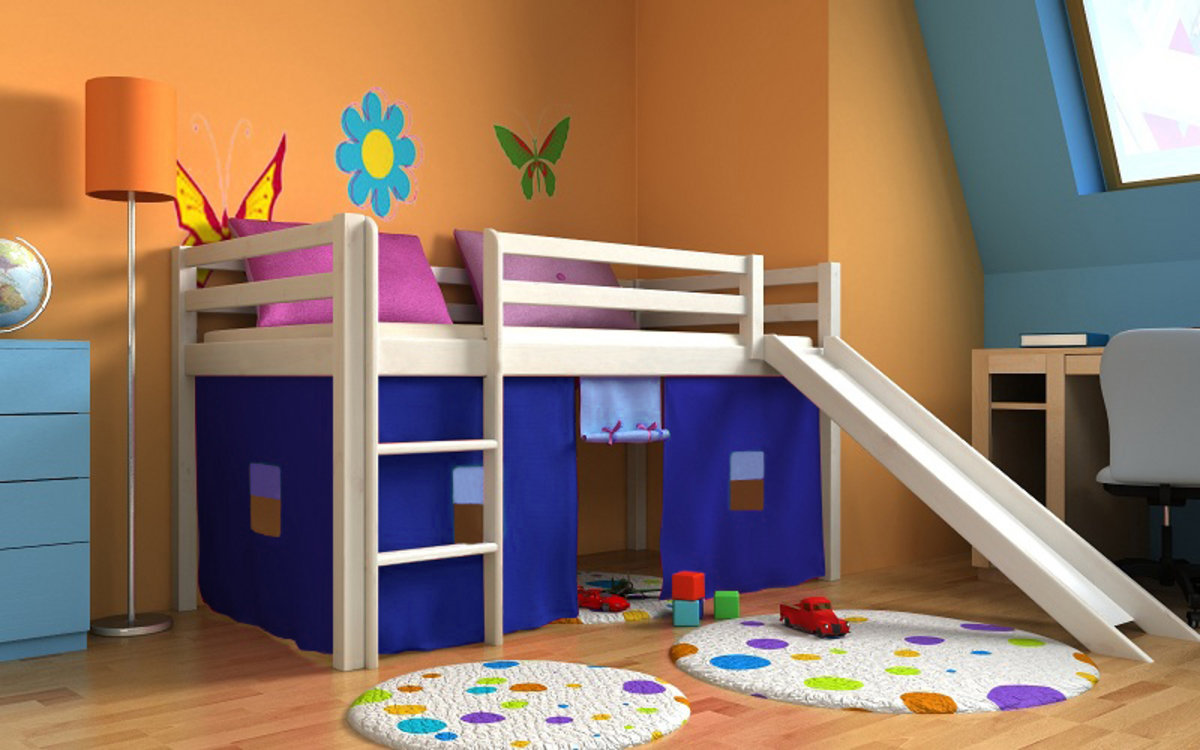 Pat de copii înălțat Ourbaby Modo cu tobogan - alb - banaby.ro