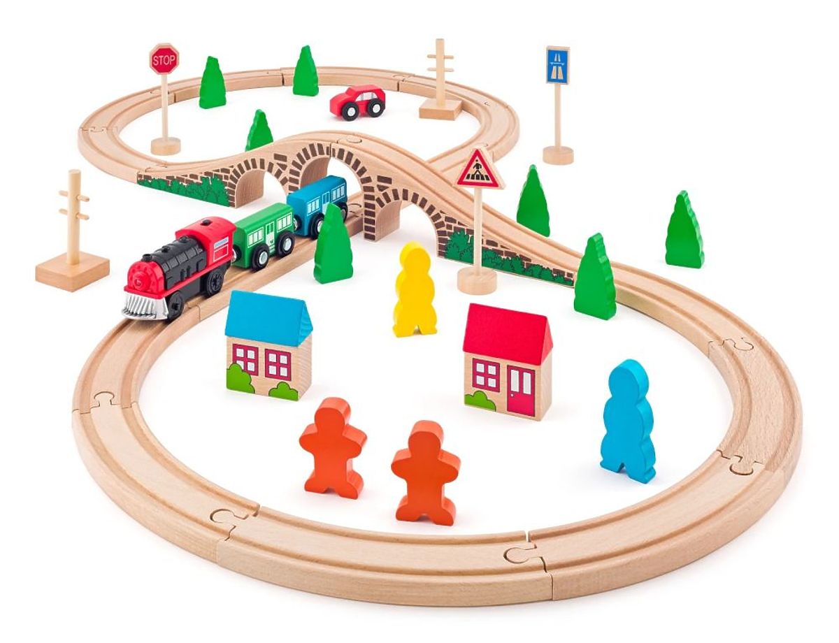 Linie de tren din lemn cu locomotivă - banaby.ro